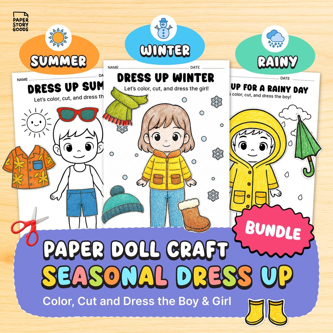 Seasonal Paper Doll Craft Bundle: Dress-up Coloring Activity (printable ...