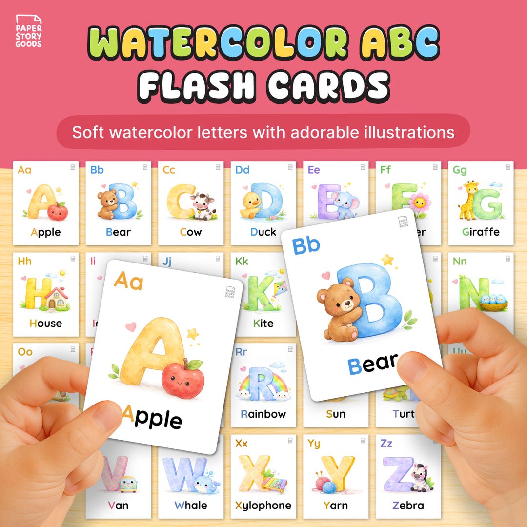 Watercolor Adorable ABC Alphabet Flash Cards Learning Printable PDF - Etsy
