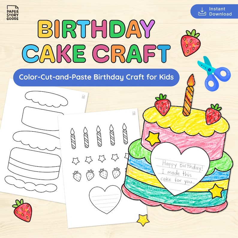 Kids Birthday Cake Craft | Color, Cut & Paste Card (PDF) - Etsy
