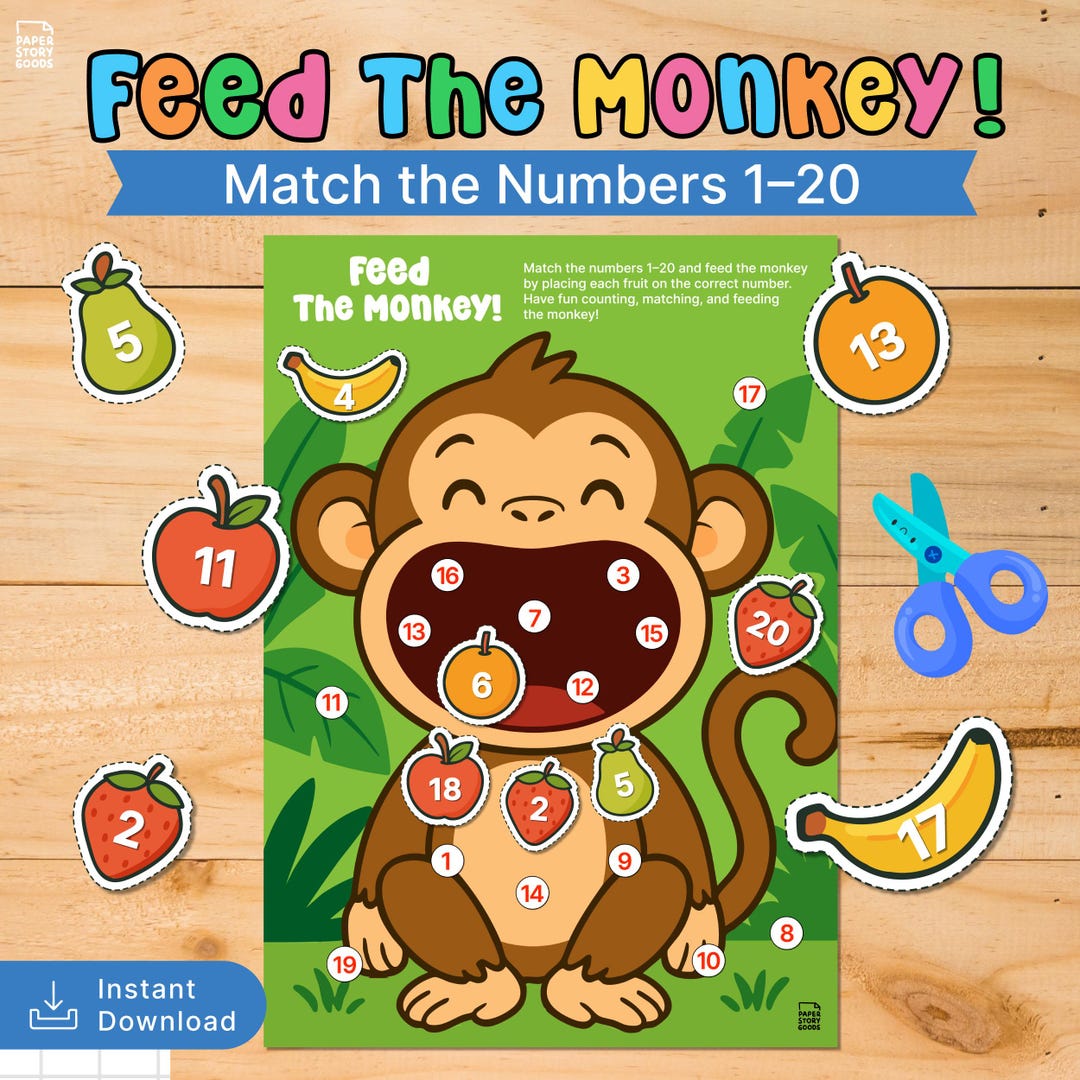 Feed the Monkey Number Matching Game – Preschool Printable (PDF) - Etsy