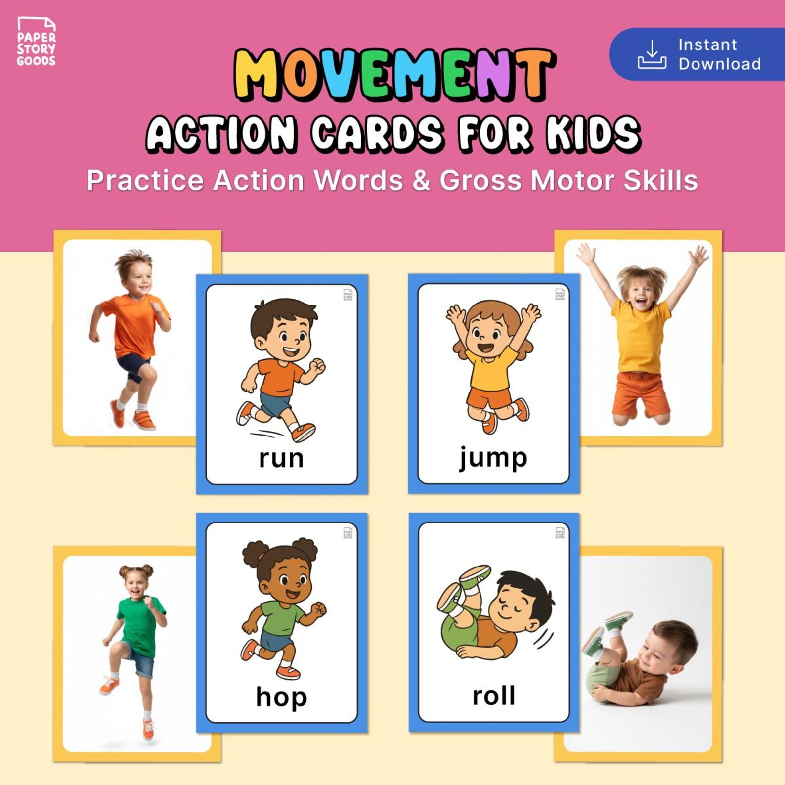 Movement Action Cards for Kids – 20 Gross Motor Skills Flashcards ...