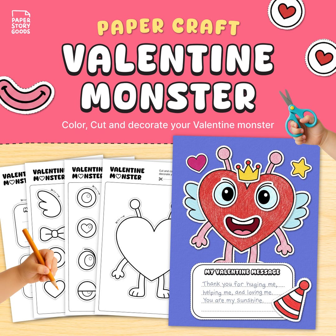 Valentine Monster Paper Craft Cut and Paste Activity Printable PDF - Etsy