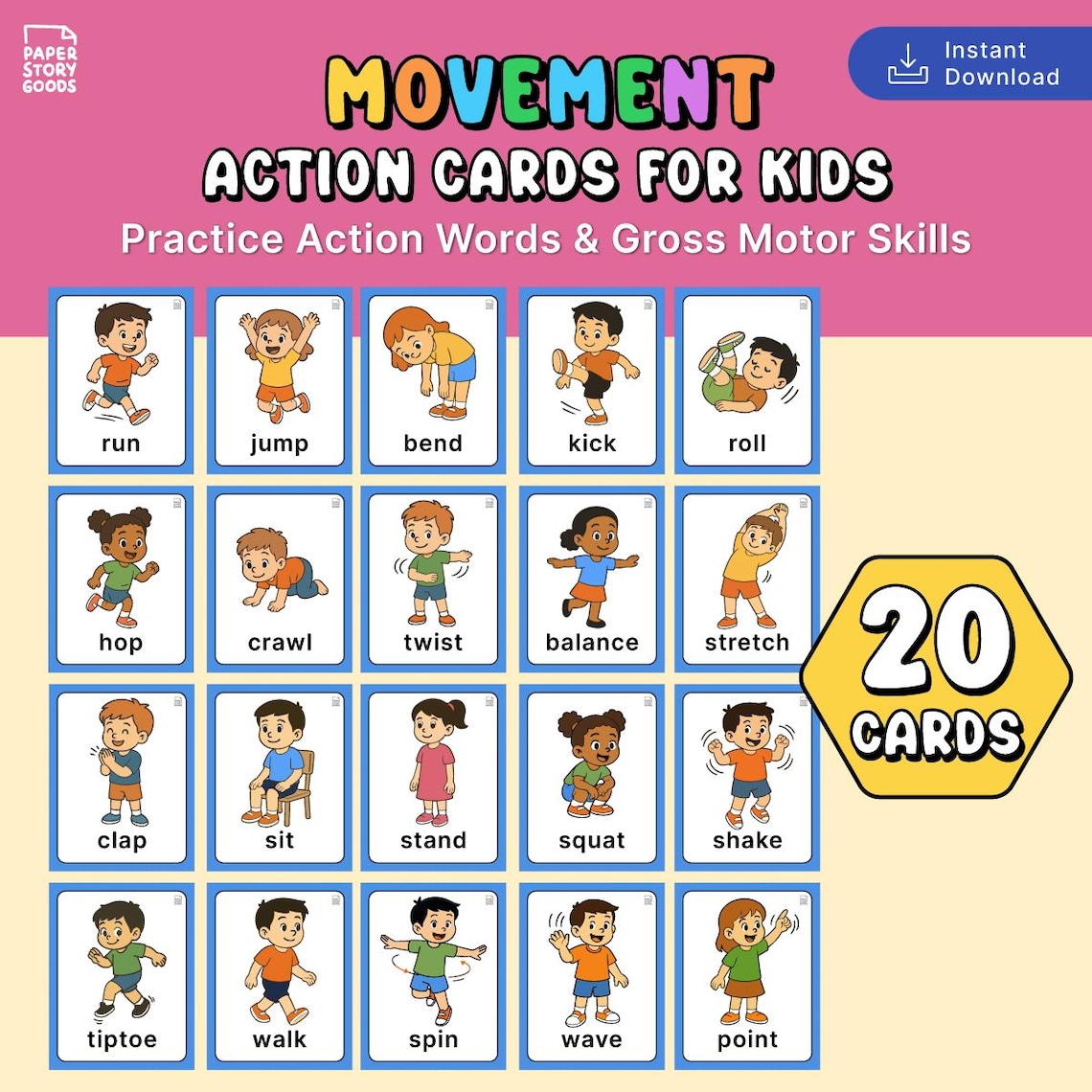Movement Action Cards for Kids – 20 Gross Motor Skills Flashcards ...
