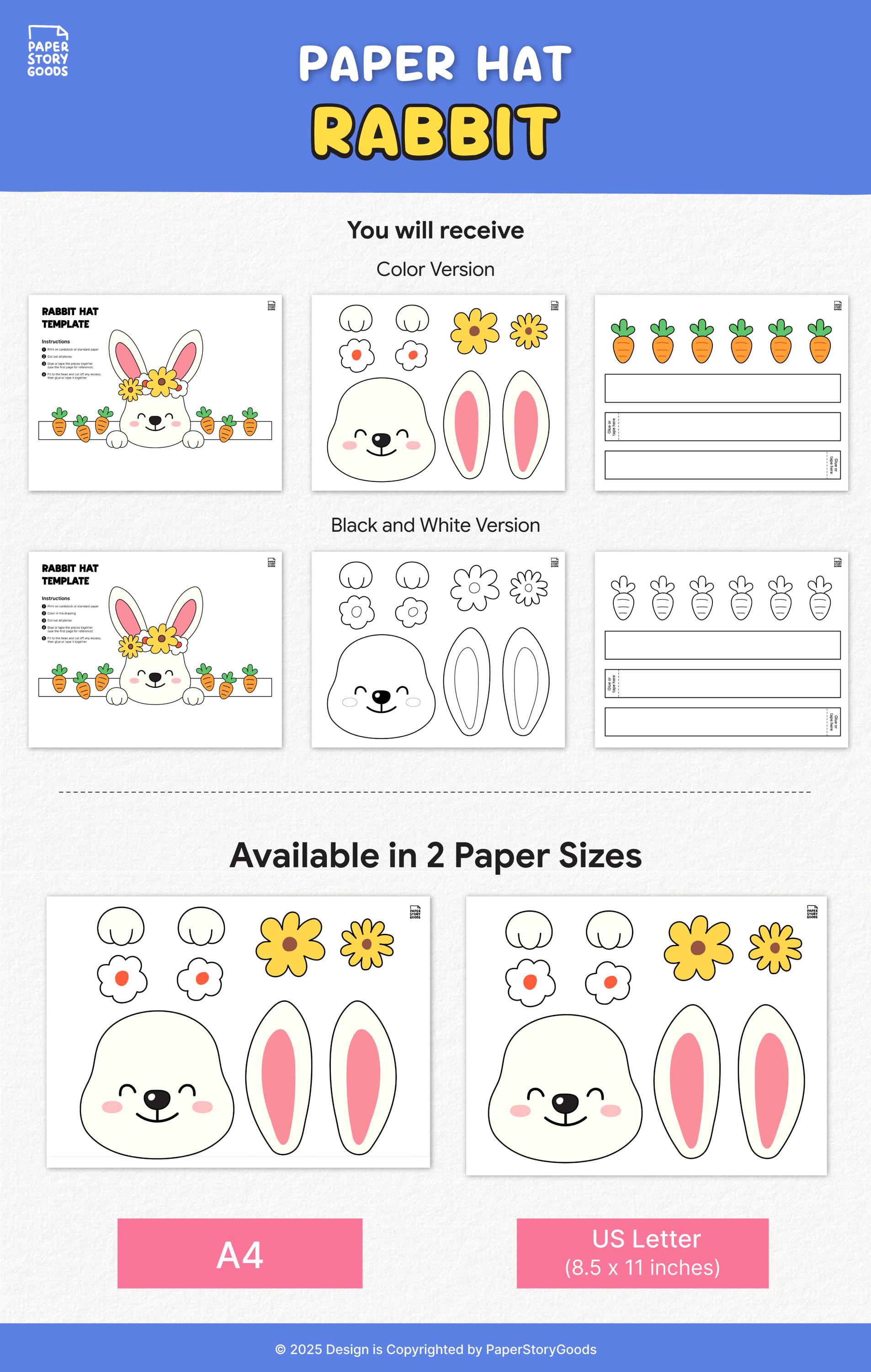 Printable Bunny Crown Template – Rabbit Paper Hat for Kids Spring Party ...