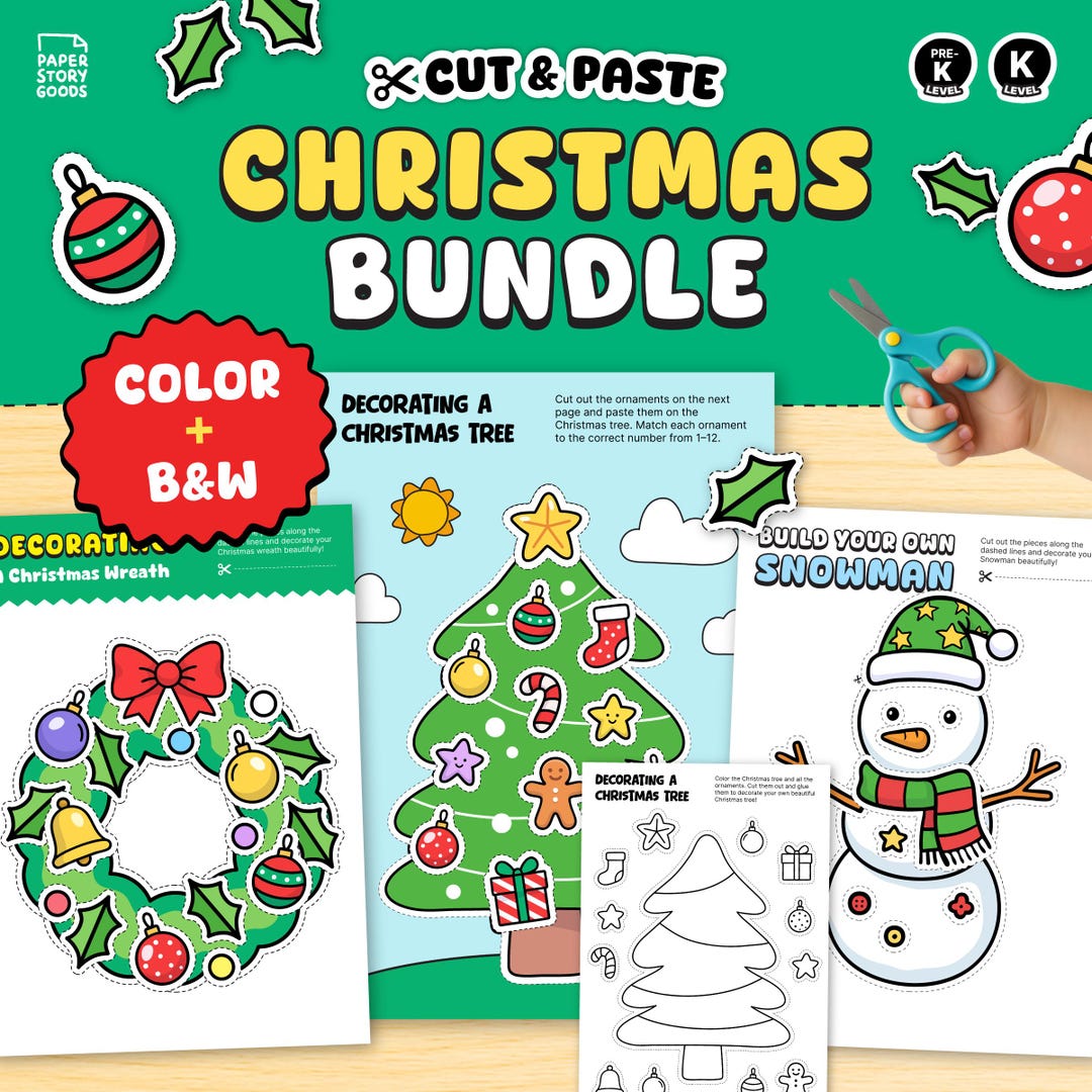 Christmas Cut and Paste Worksheet Set Preschool & Kindergarten Activity ...