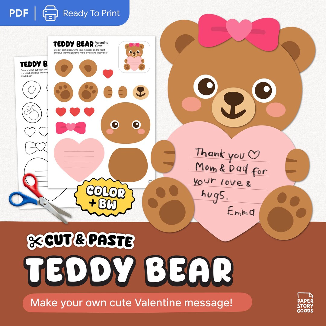 Valentine Teddy Bear Cut and Paste Craft Message Card DIY Activity ...