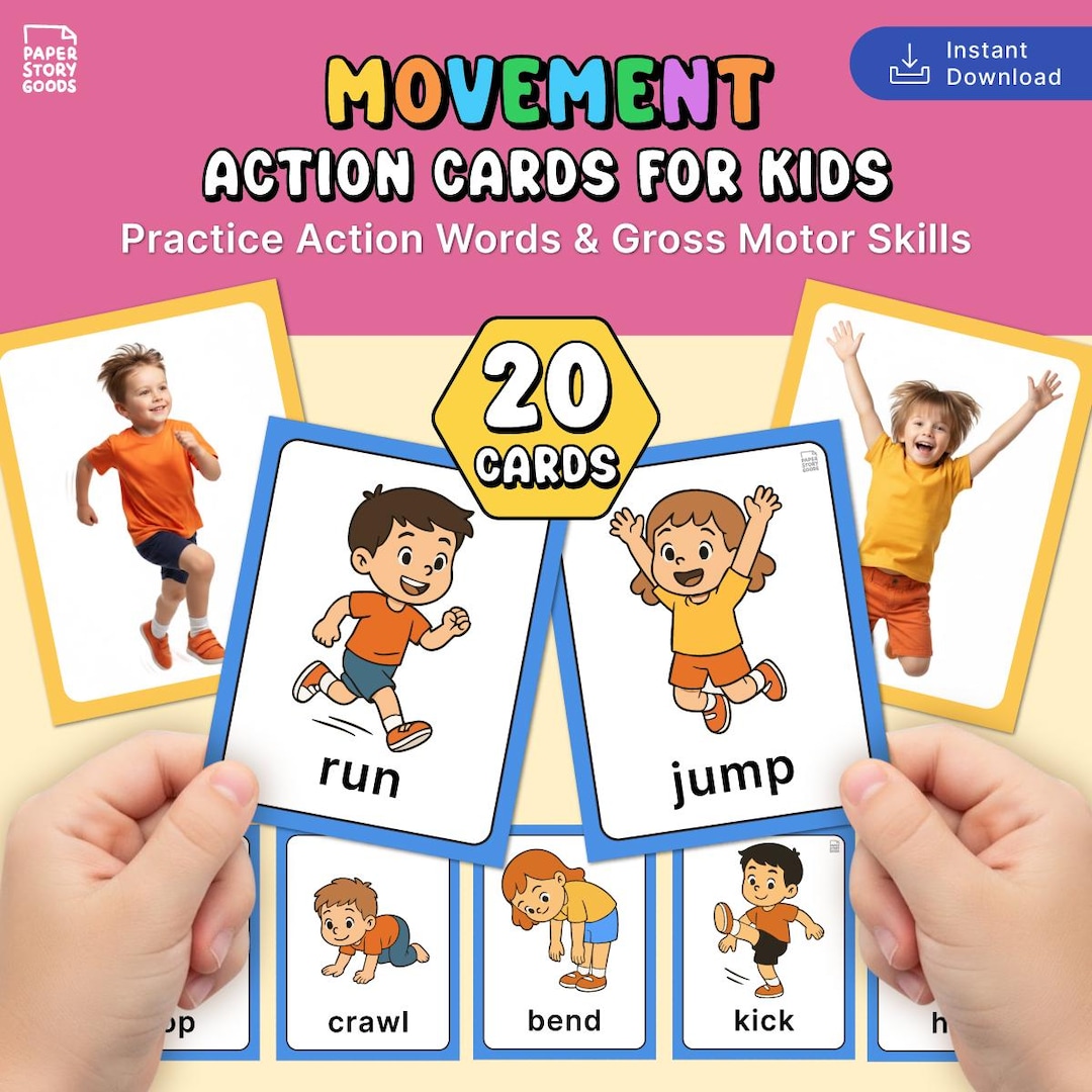 Movement Action Cards for Kids – 20 Gross Motor Skills Flashcards ...