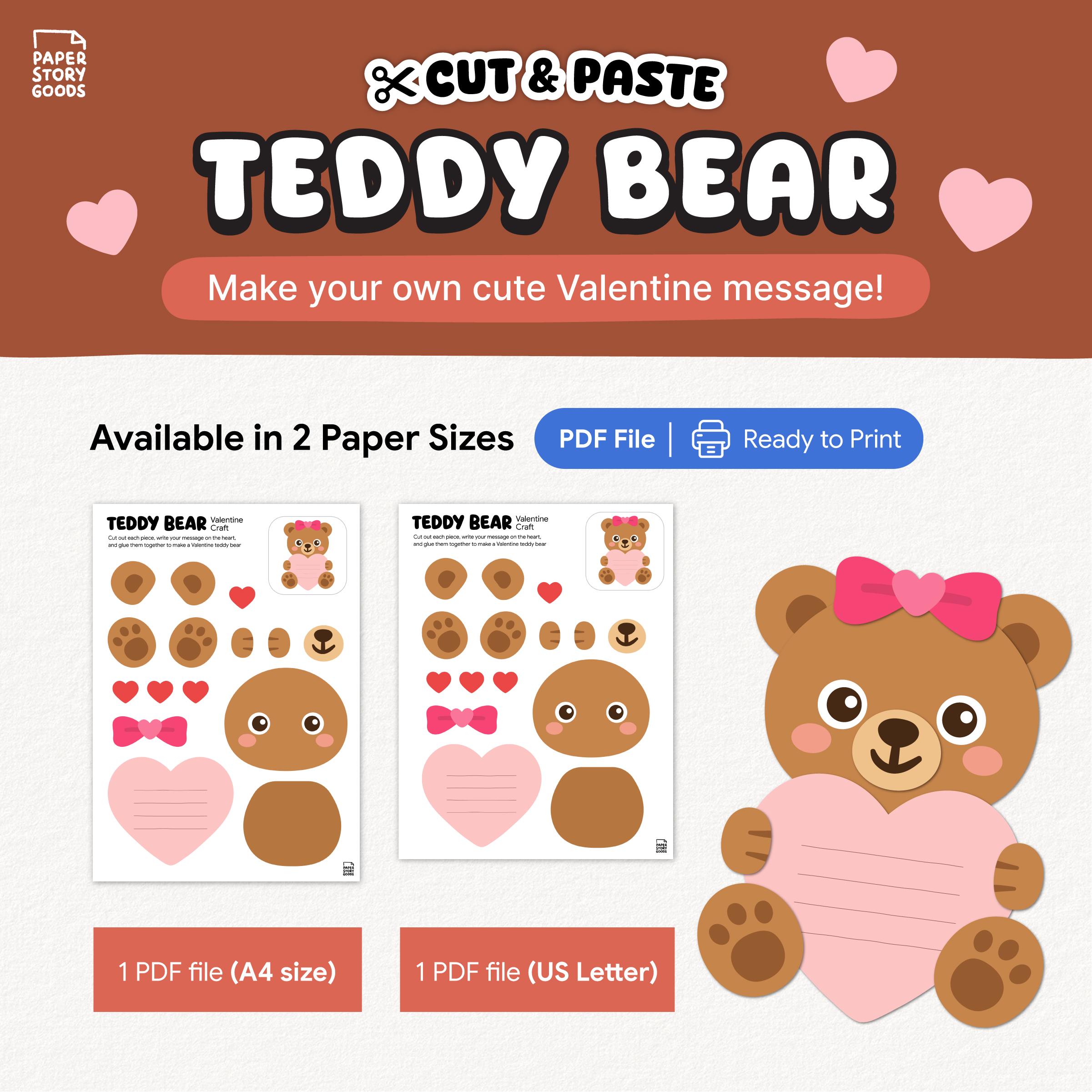 Valentine Teddy Bear Cut and Paste Craft Message Card DIY Activity ...
