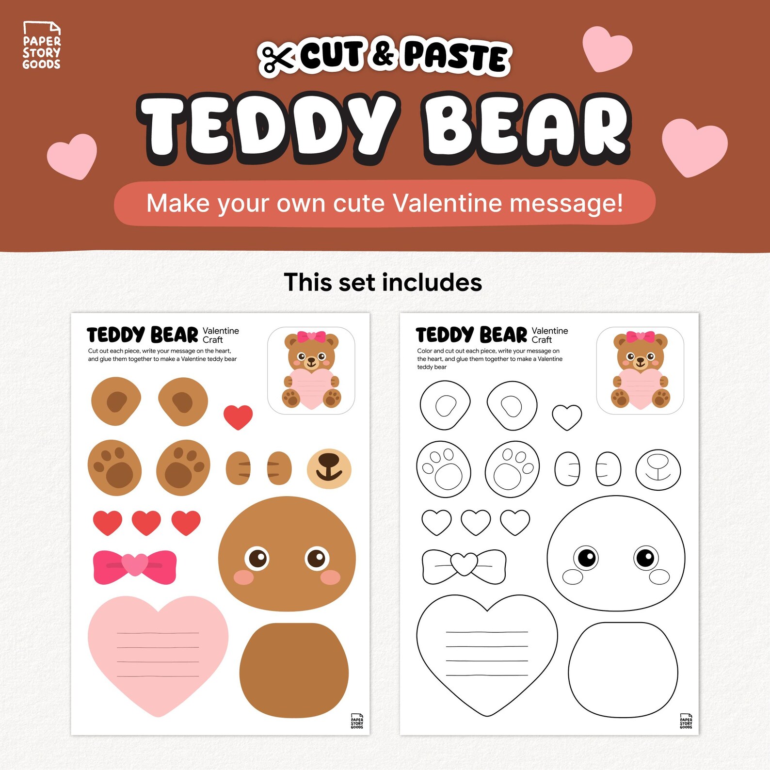 Valentine Teddy Bear Cut and Paste Craft Message Card DIY Activity ...
