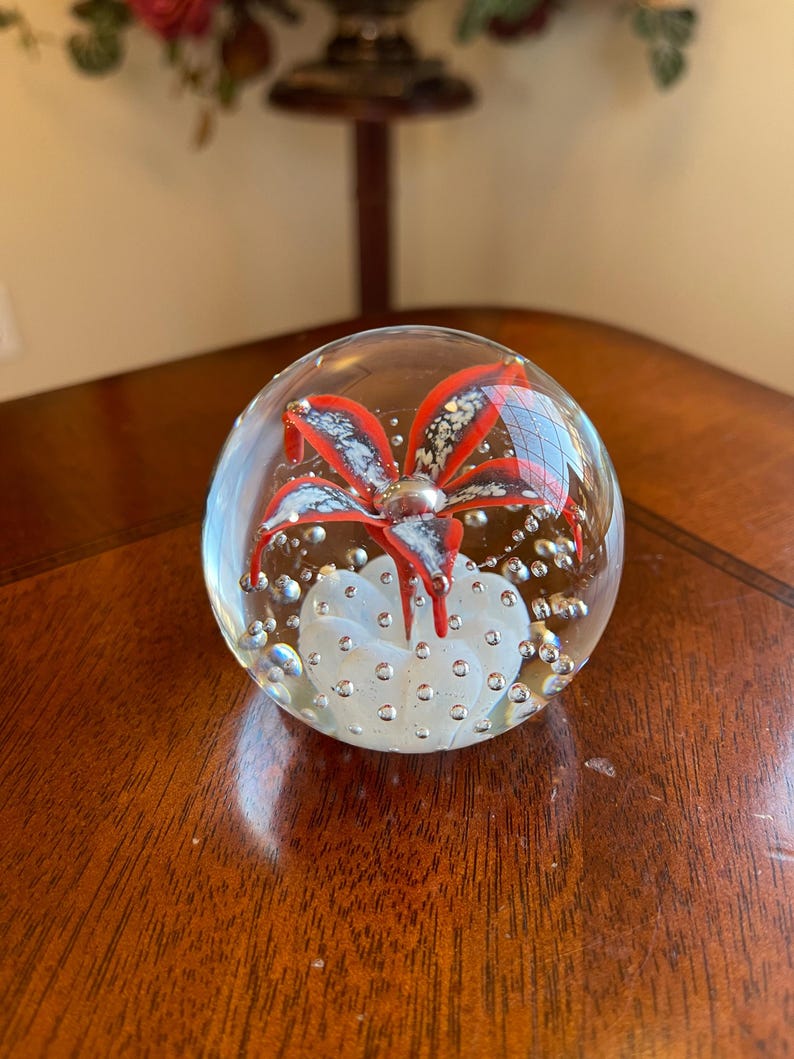 Vintage Handmade, Signed Art Glass Paperweight With Flower Design and ...