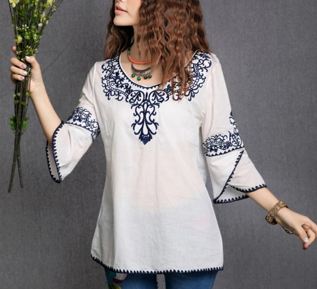 Totem Pattern Ethnic Blouse Embroidery Cotton Casual Shirts - Etsy