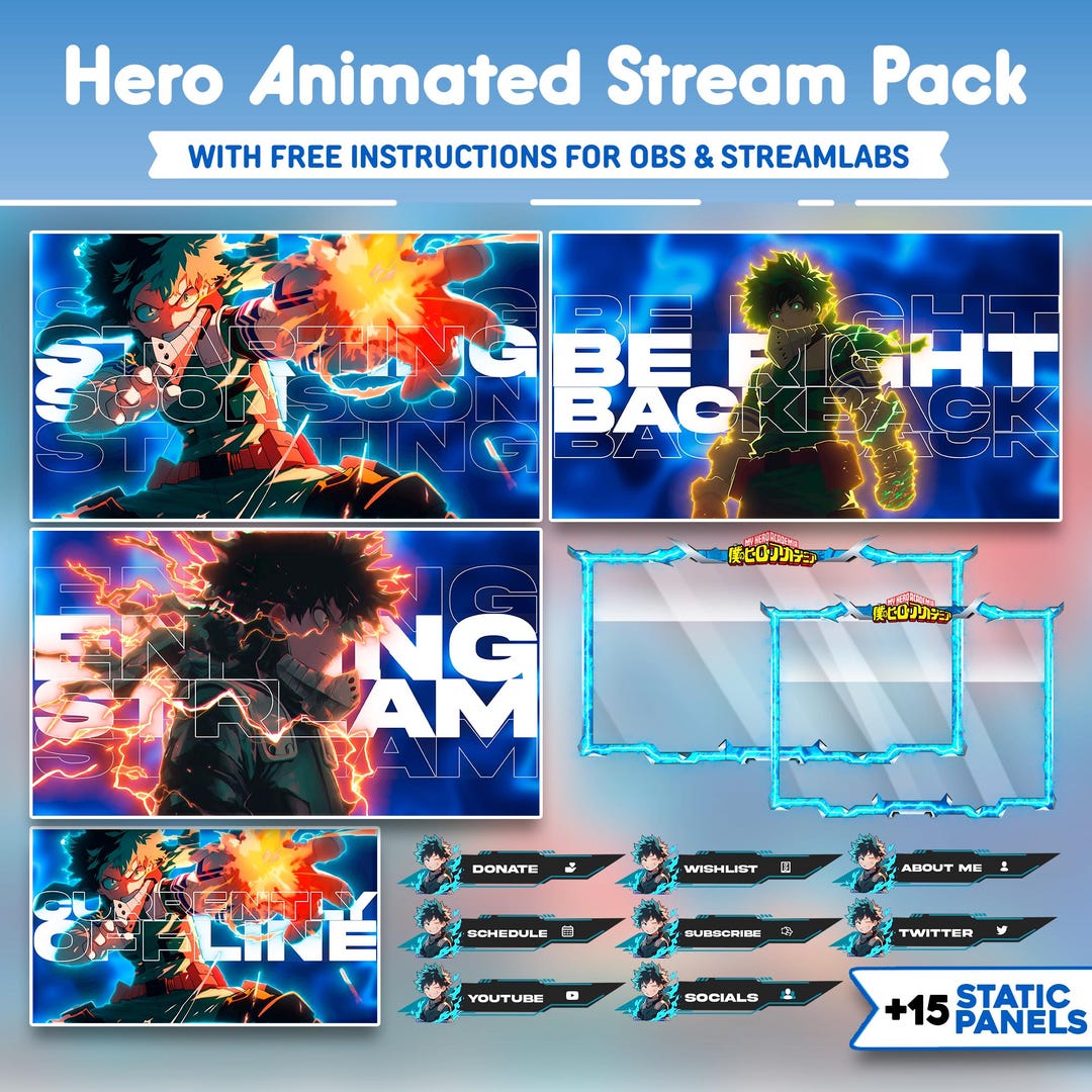 Animated Hero Anime Overlay Bundle Blue Twitch Stream Pack Kick ...