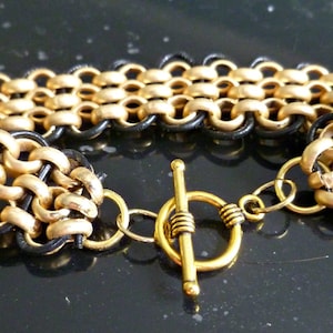 Gold & Black Leather Rolo Chain Bracelet, Chain Bracelet, Unisex ...