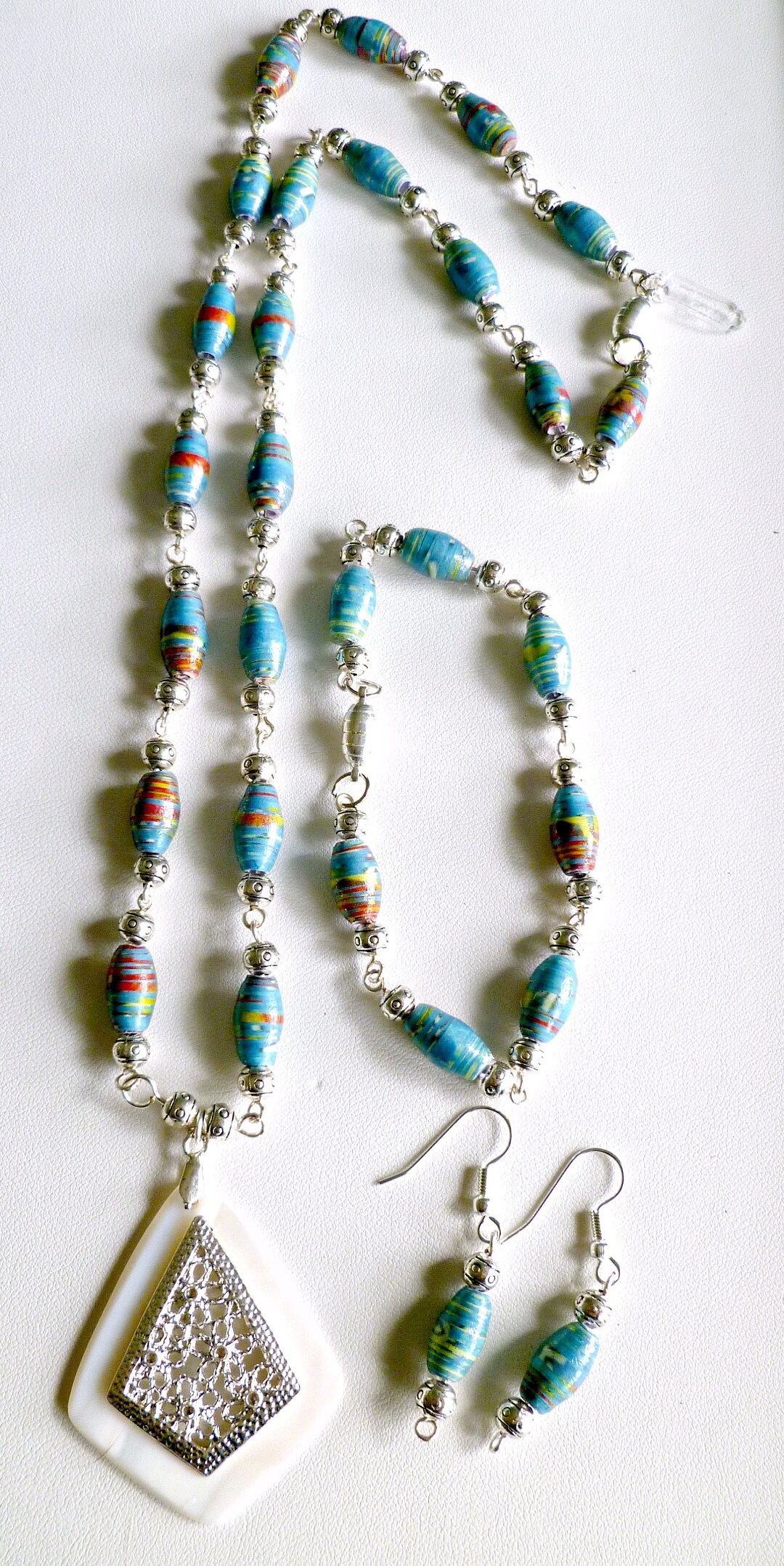 3 Piece Handmade Blue Paper Bead Jewelry Set, Statement Jewelry, 1st ...