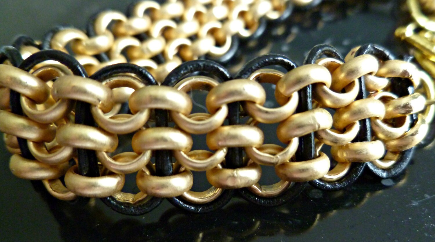 Gold & Black Leather Rolo Chain Bracelet Chain Bracelet - Etsy