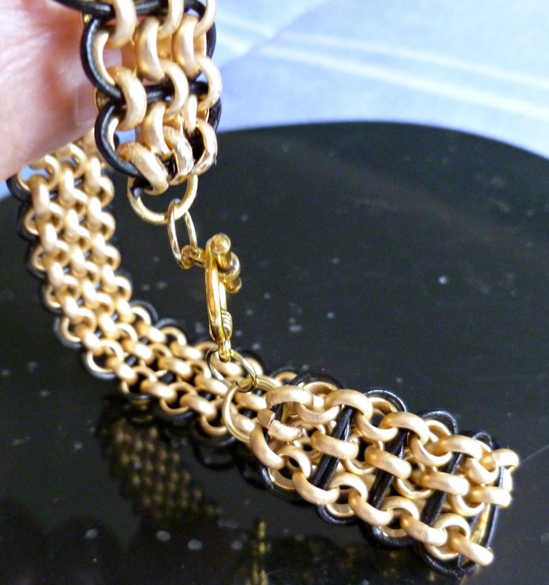 Gold & Black Leather Rolo Chain Bracelet, Chain Bracelet, Unisex ...