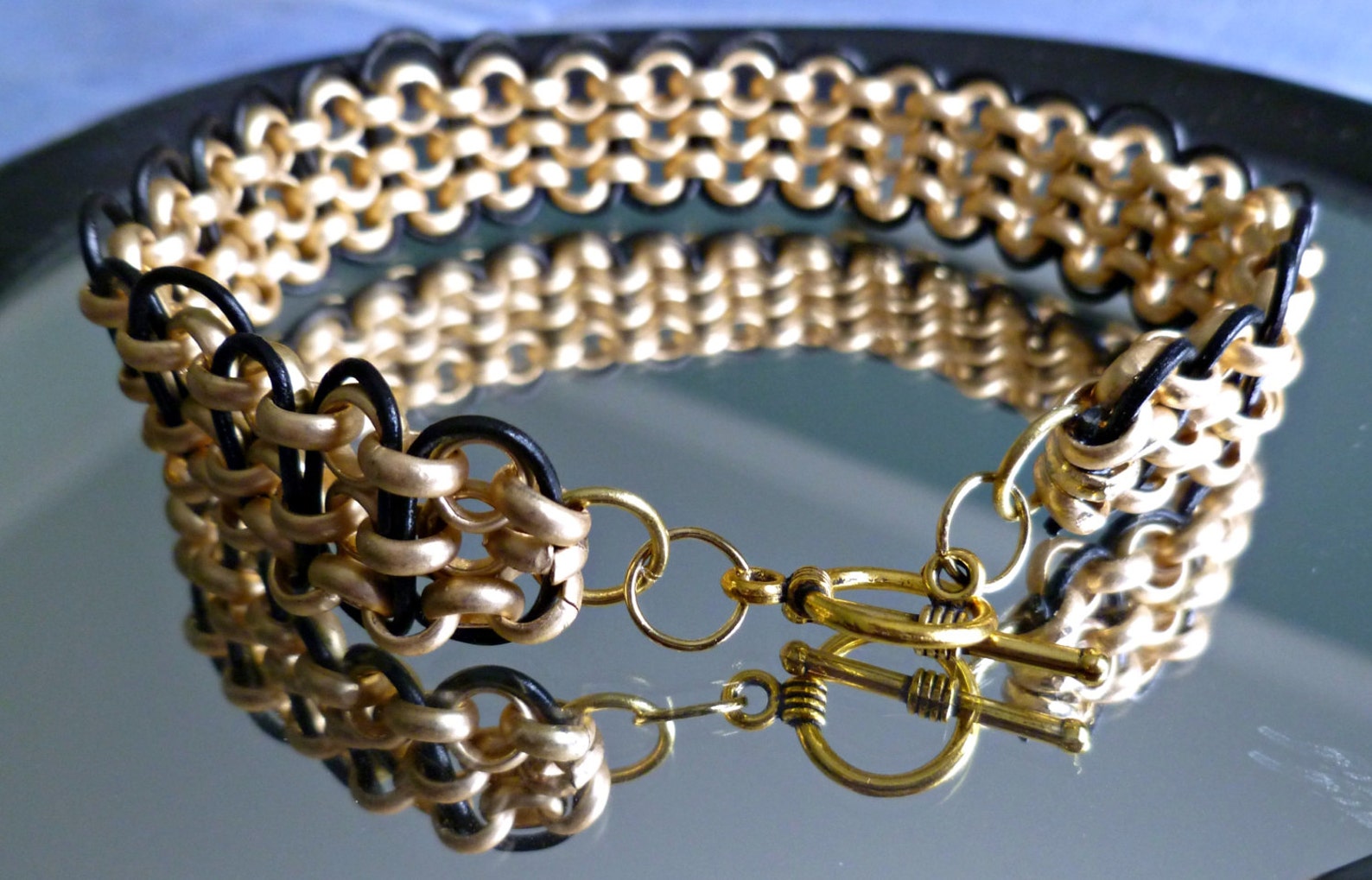 Gold & Black Leather Rolo Chain Bracelet, Chain Bracelet, Unisex ...