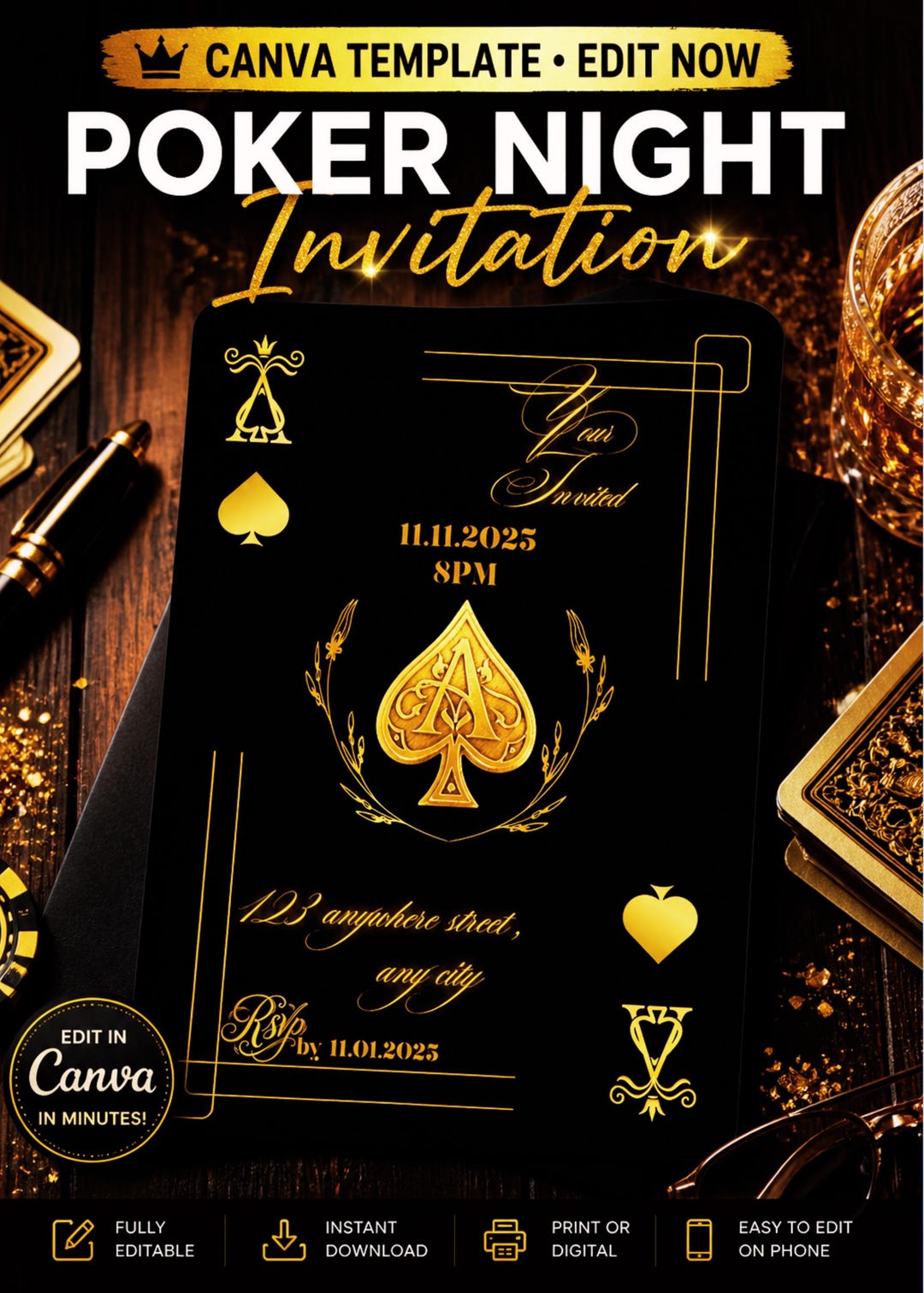 Poker Night Invitation Template | Editable Canva Casino Invite ...
