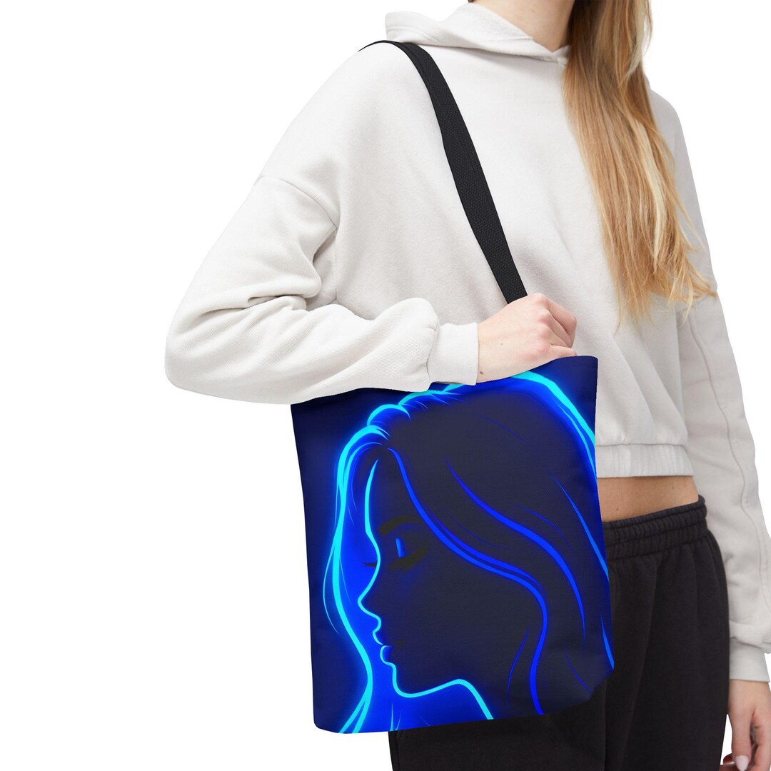 Blue Woman Profile Tote Bag | Glowing Line Art, Portrait AOP - Etsy