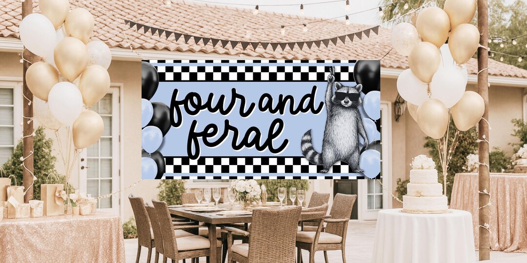 Four and Feral Checkered Birthday Banner, Forth Birthday Party Banner ...