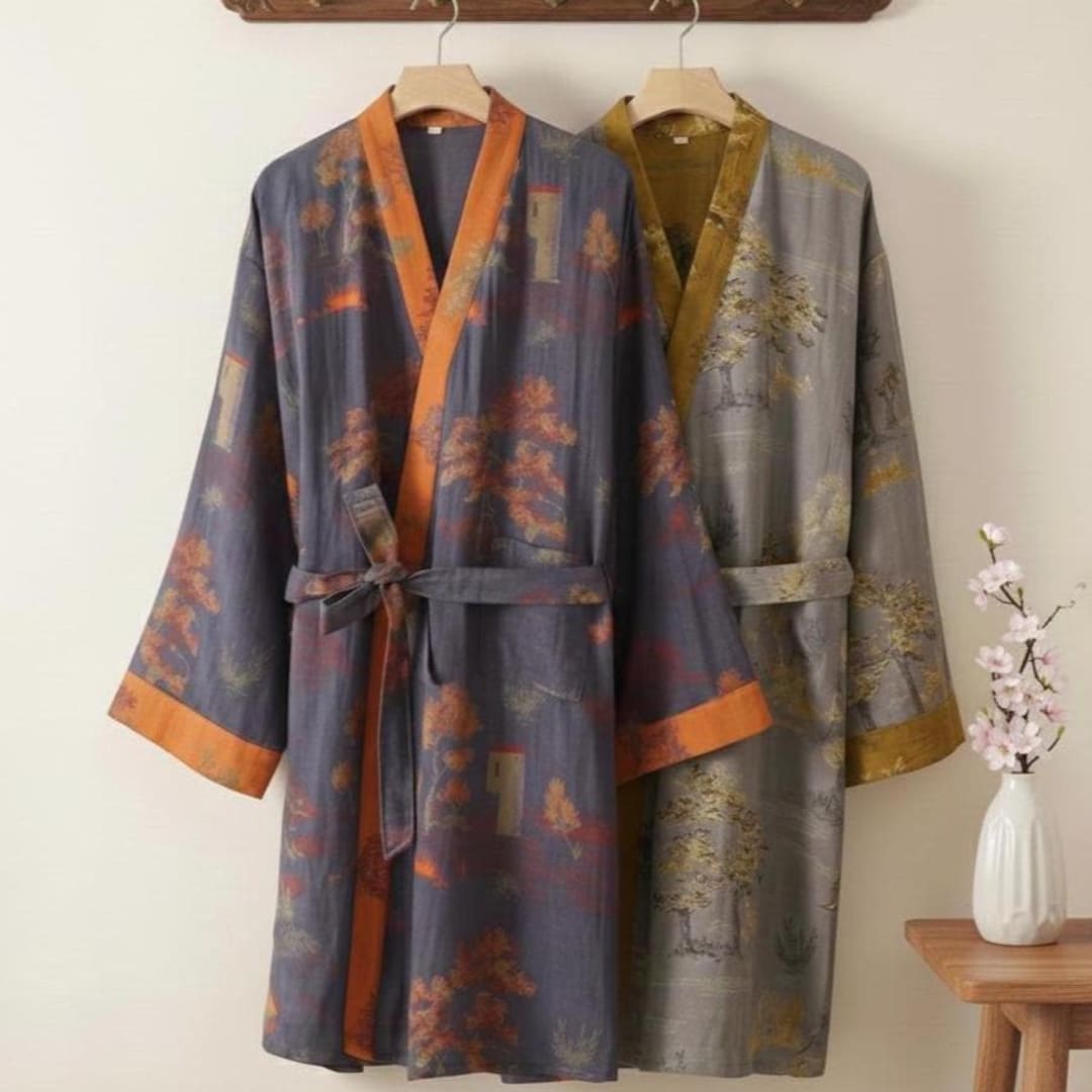 Men Cotton Kimono Robe • Japanese Pajama Bathrobe • Lightweight ...