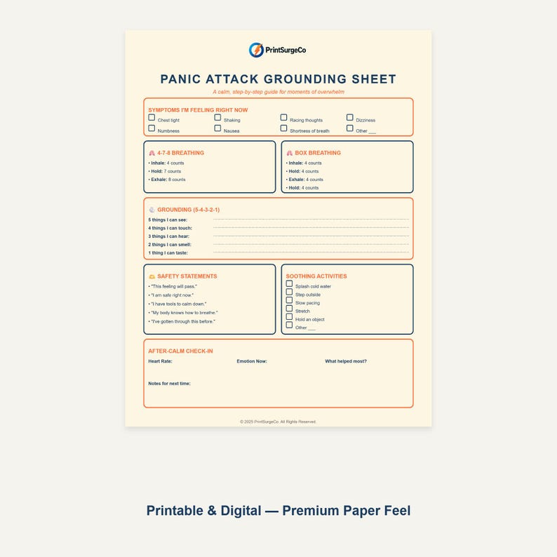 Panic Attack Grounding Sheet Printable | Anxiety Breathing Guide | 5-4 ...