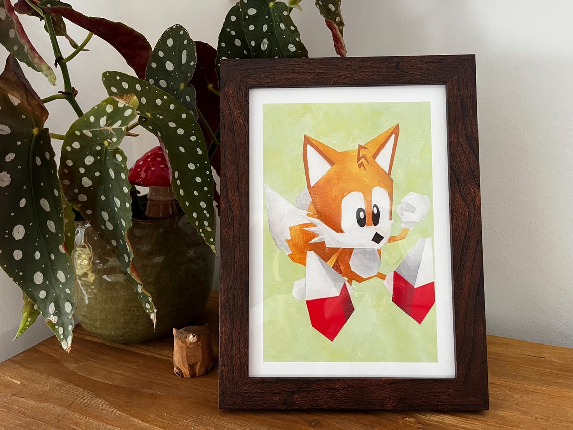 2 Tailed Fox | Low-poly A5 Oil Pastel Art Print | Retro Gaming - Etsy