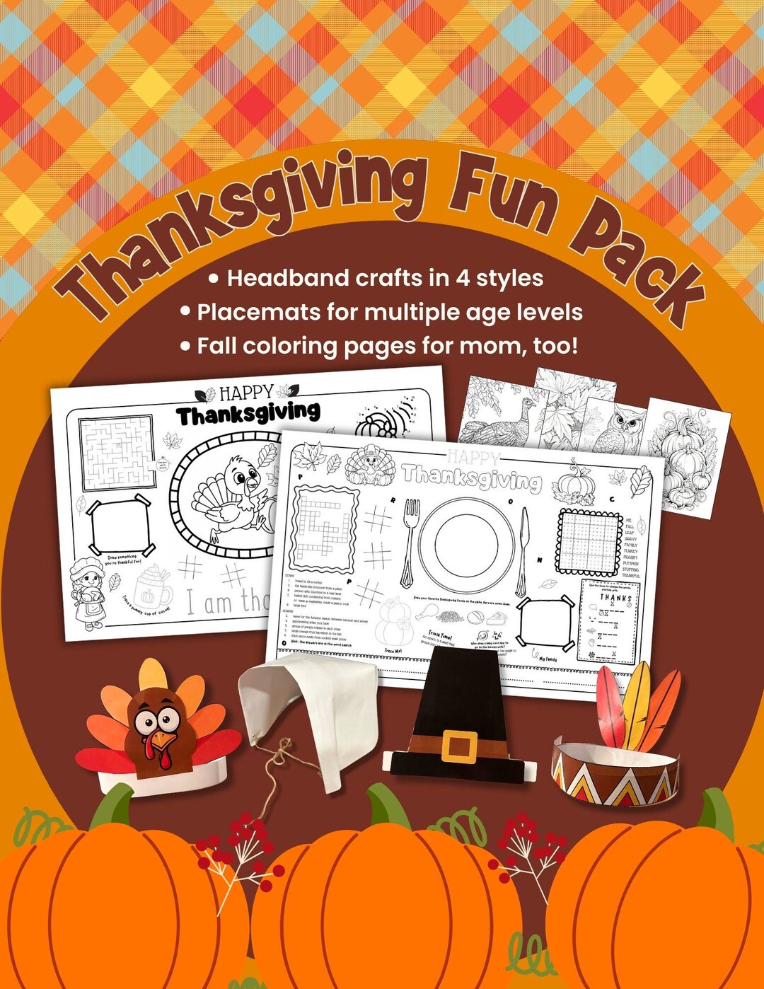 Thanksgiving Fun Pack: 2 Placemats | 4 Headband Crafts | Coloring Pages ...