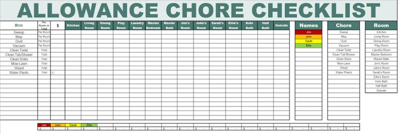 Allowance Chore Checklist • Editable Excel Template • Kids Allowance ...