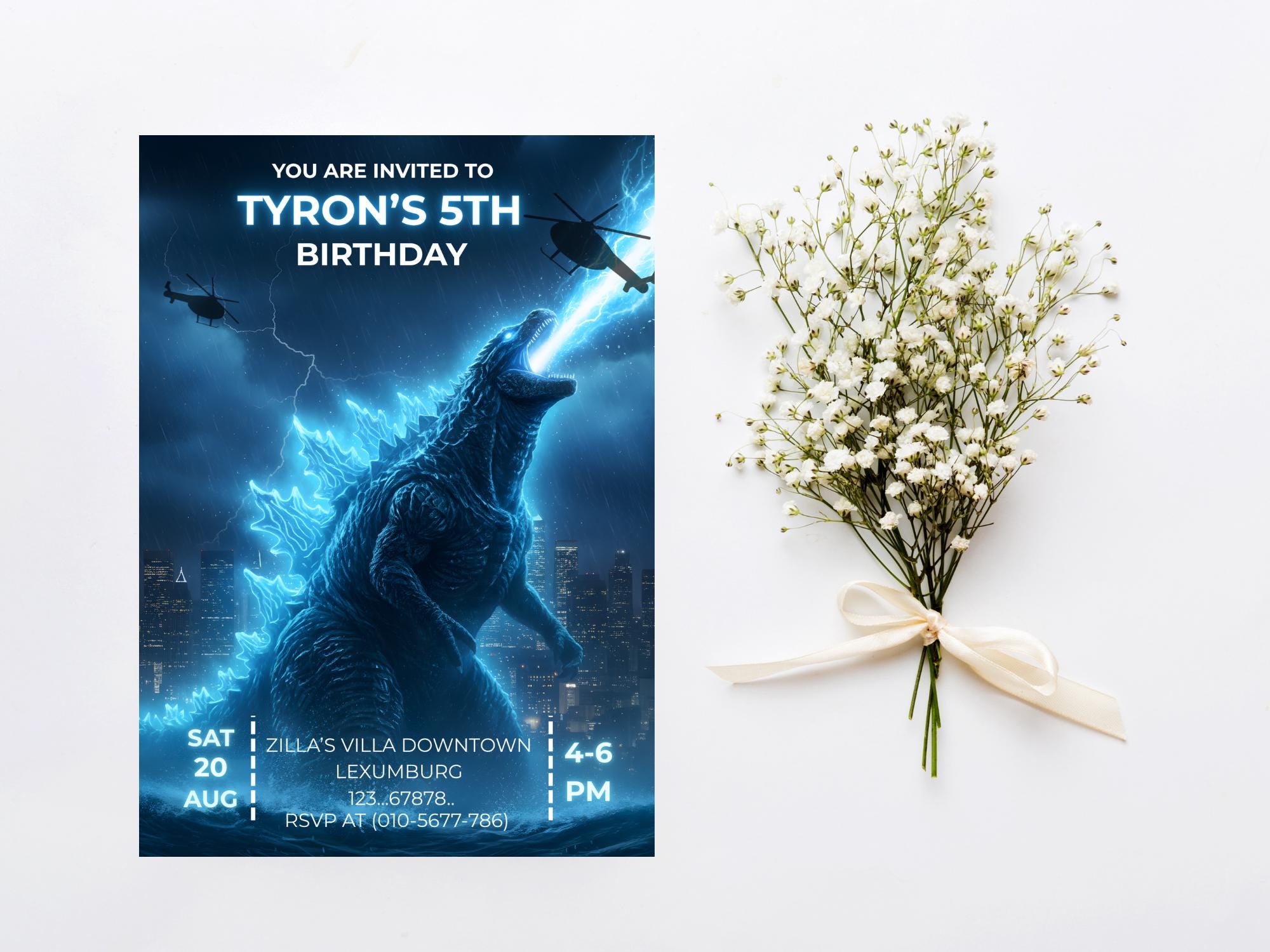 Godzilla Birthday Invitation Template, Blue Lightning Monster Party ...