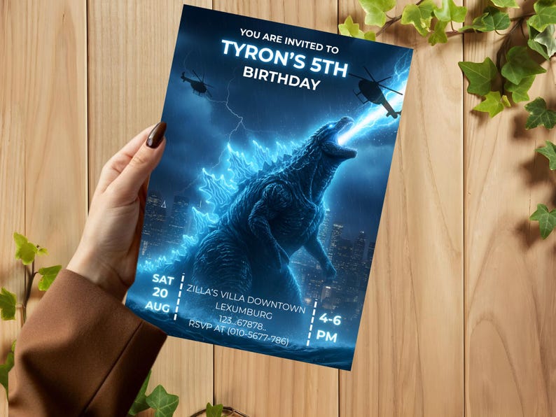 Godzilla Birthday Invitation Template, Blue Lightning Monster Party ...