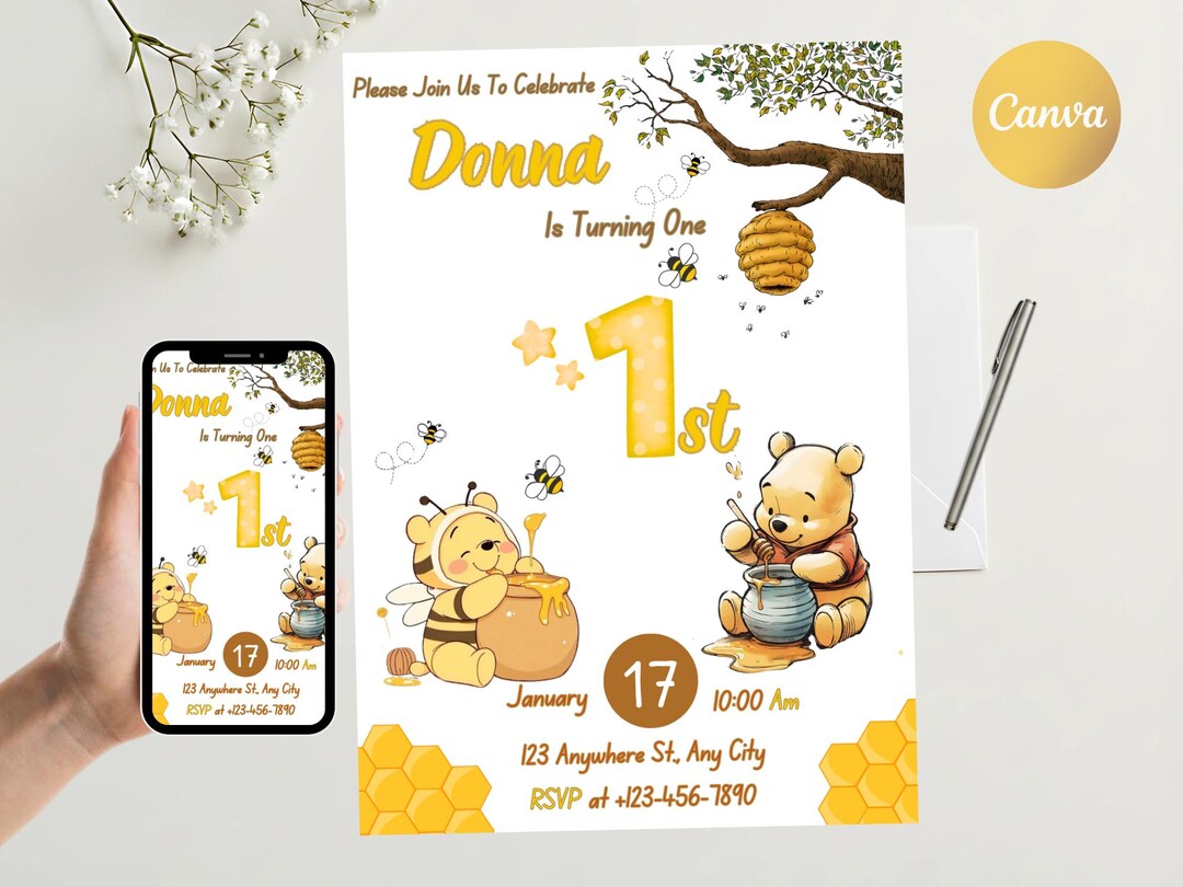 Editable Winnie the Pooh Birthday Invitation Template, Printable ...