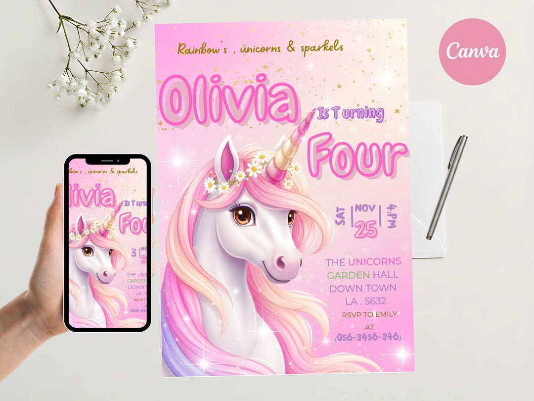 Unicorn Birthday Invitation: Rainbow Sparkle Party (canva Template ...