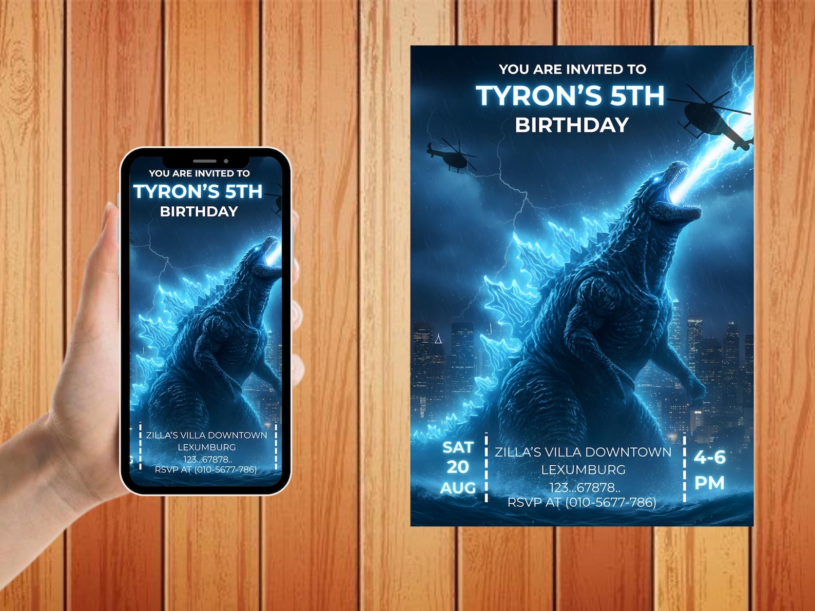 Godzilla Birthday Invitation Template, Blue Lightning Monster Party ...