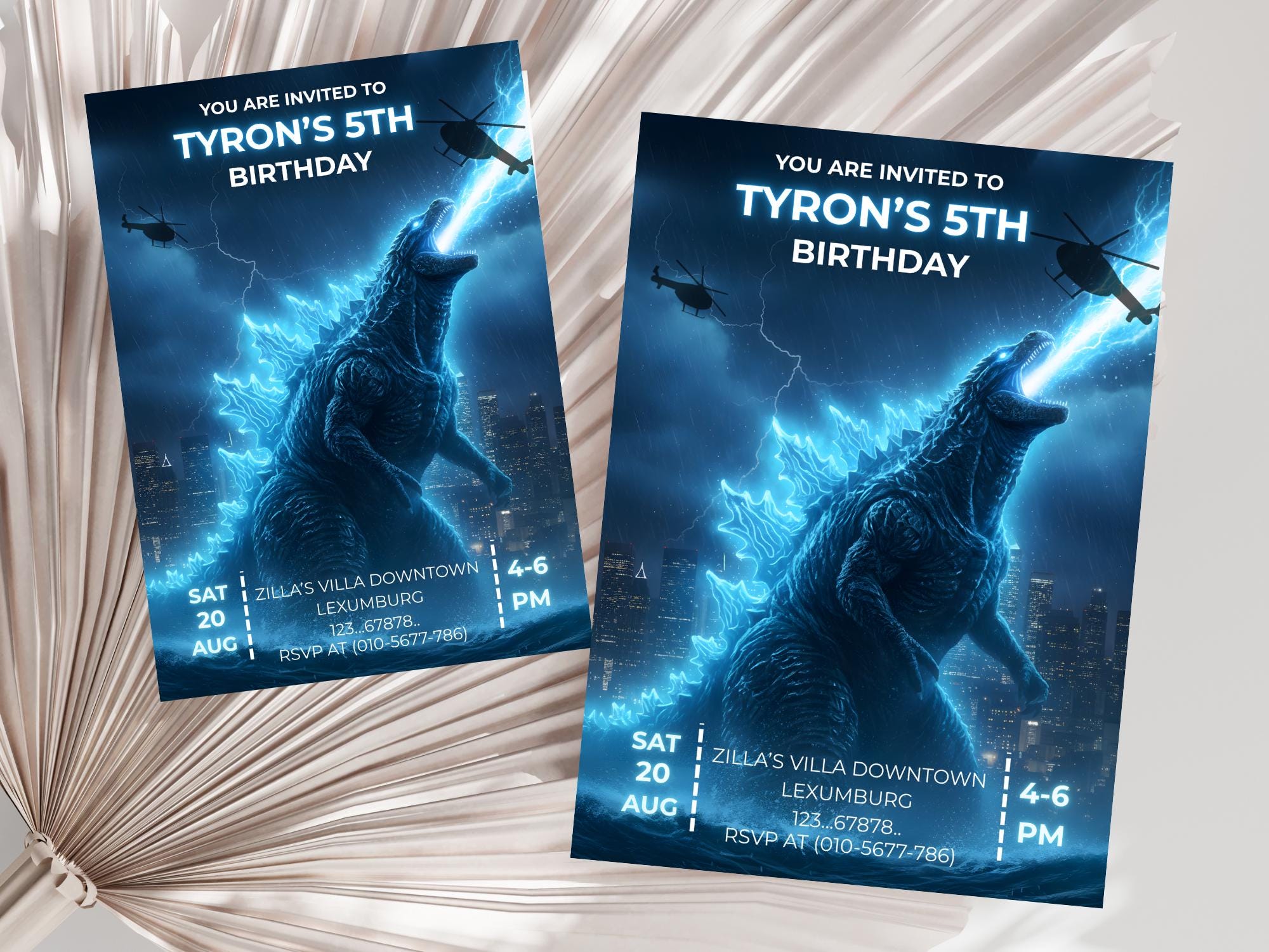 Godzilla Birthday Invitation Template, Blue Lightning Monster Party ...
