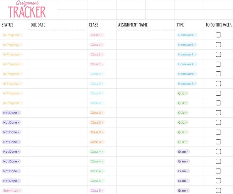 Assignment Tracker Digital Downloadable Template for Students - Etsy