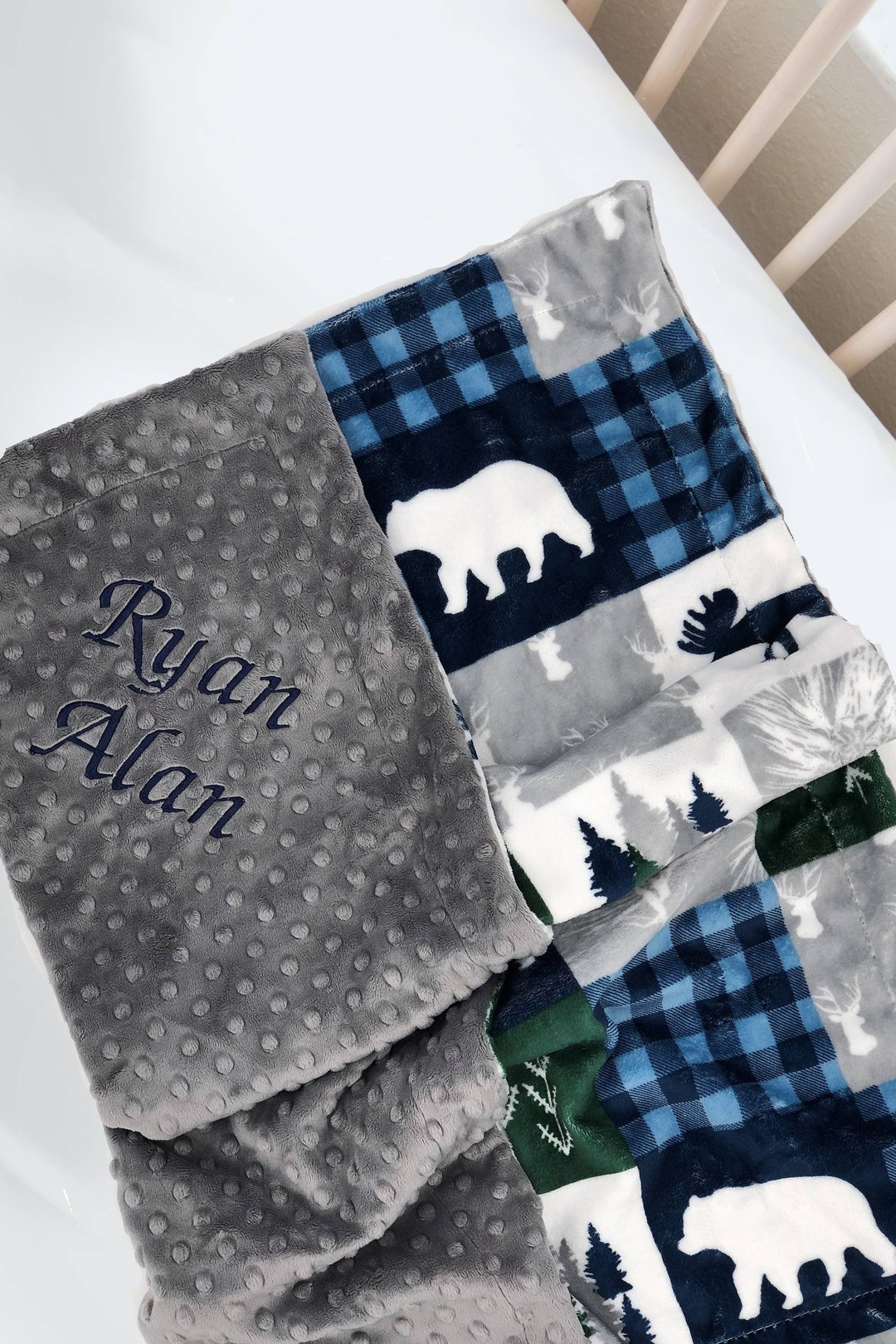 Woodland Baby Blanket: Buffalo Plaid Bear Moose Minky Blanket - Etsy