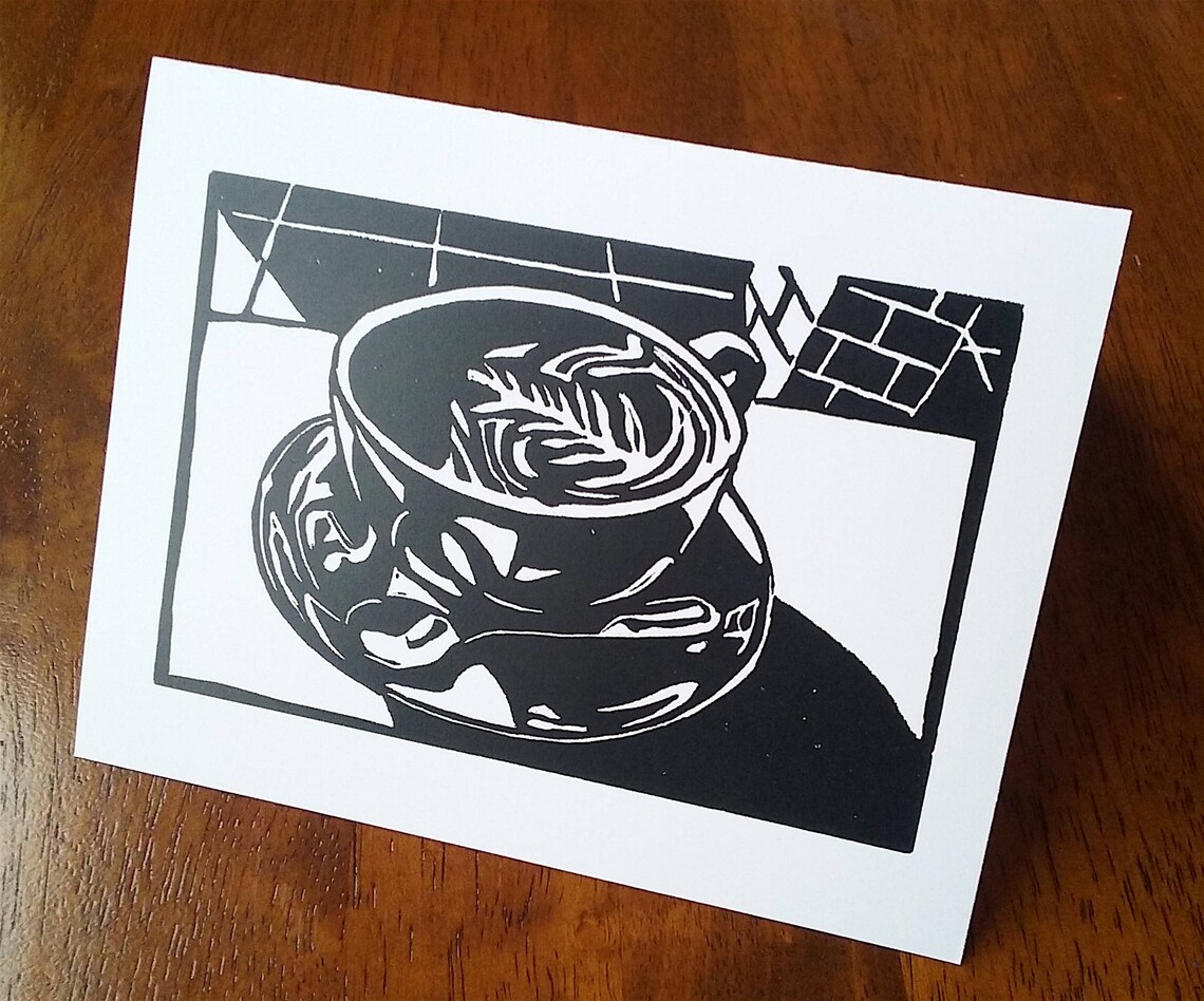 Coffee Cup Block Print Art Note Card With Envelope // Linocut - Etsy