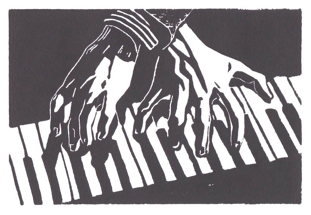 Original linocut art of a piano player's hands | Etsy