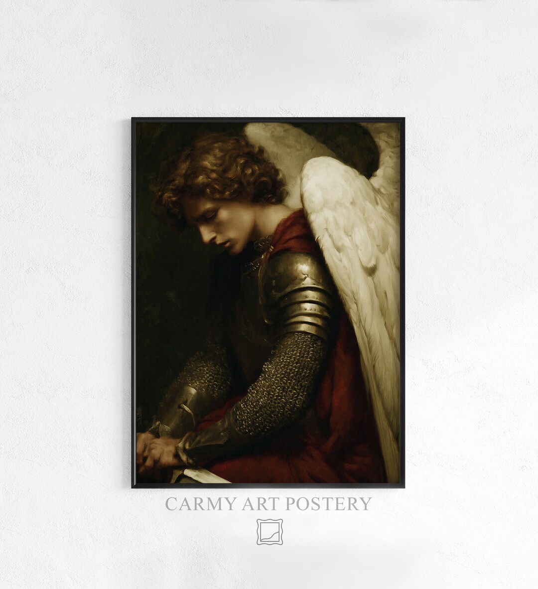 Moody Archangel Art Print - Renaissance-style Angel in Armor, Spiritual ...