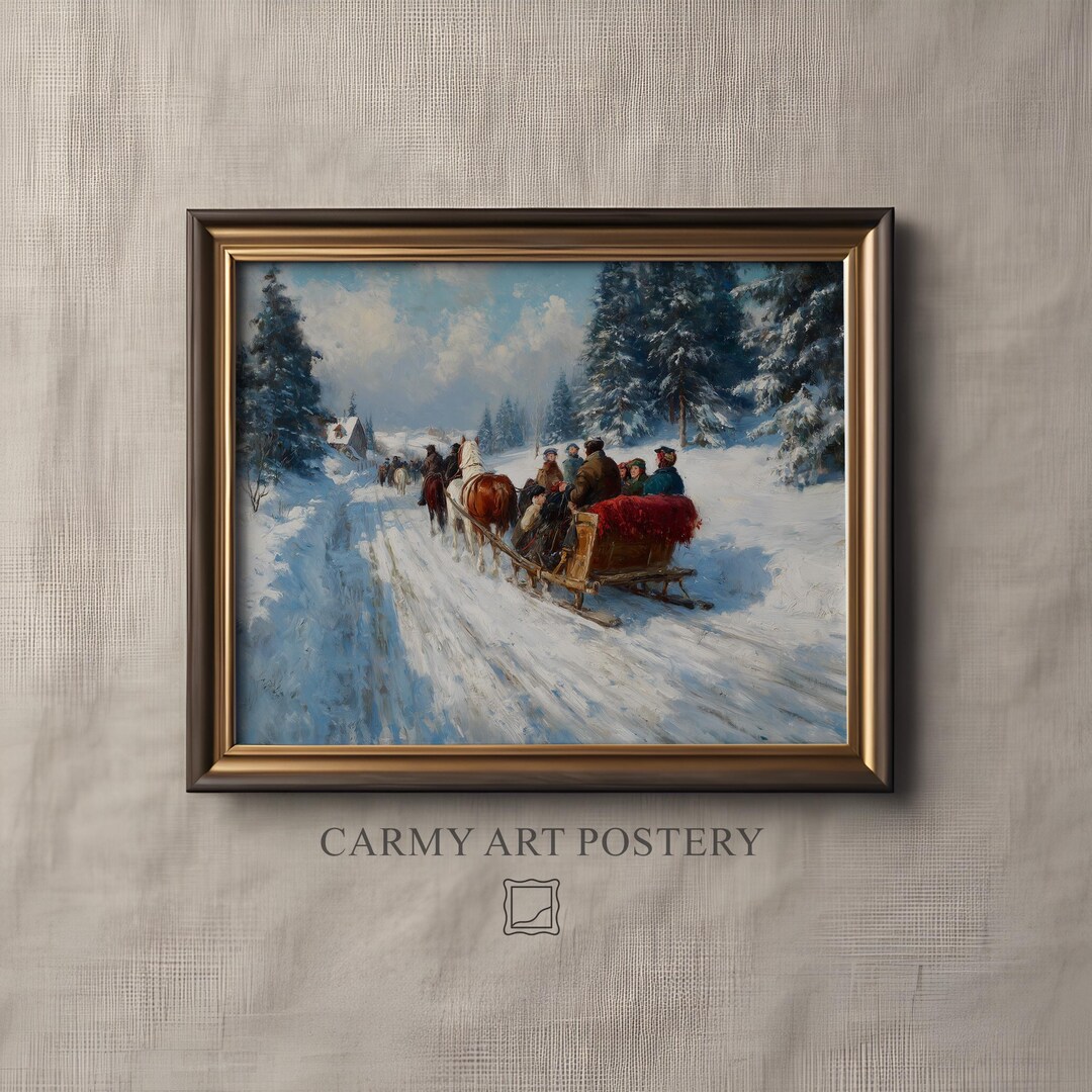 Vintage Winter Scene Printable Art, Cozy Sleigh Ride With Passengers ...