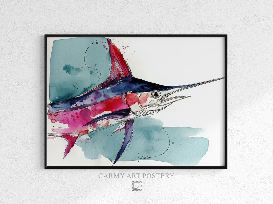 Modern Swordfish Printable Art - Bold Nautical Mixed-media Watercolor ...
