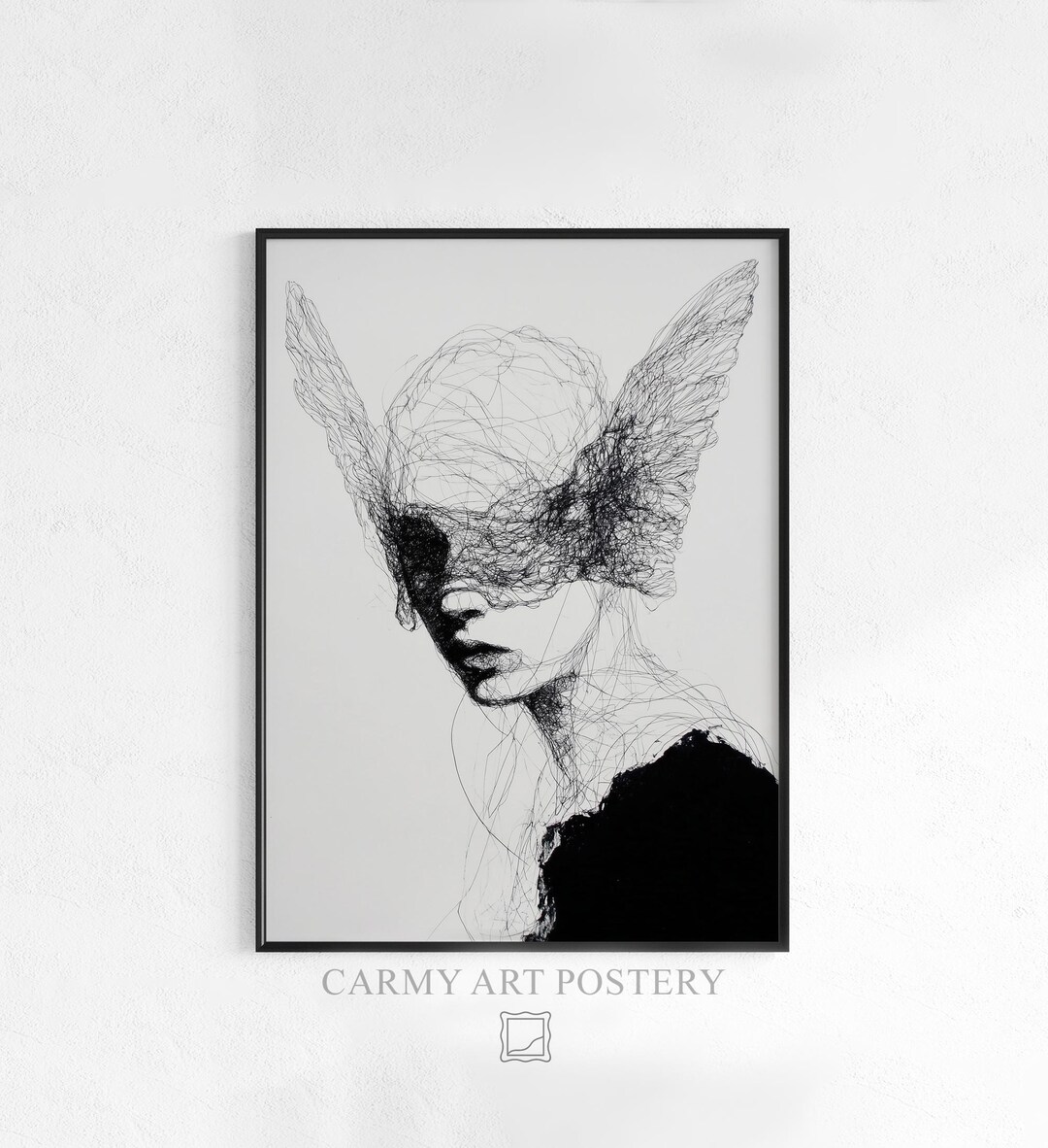 Moody Angel Portrait Printable Art, Gothic Winged Figure Sketch ...