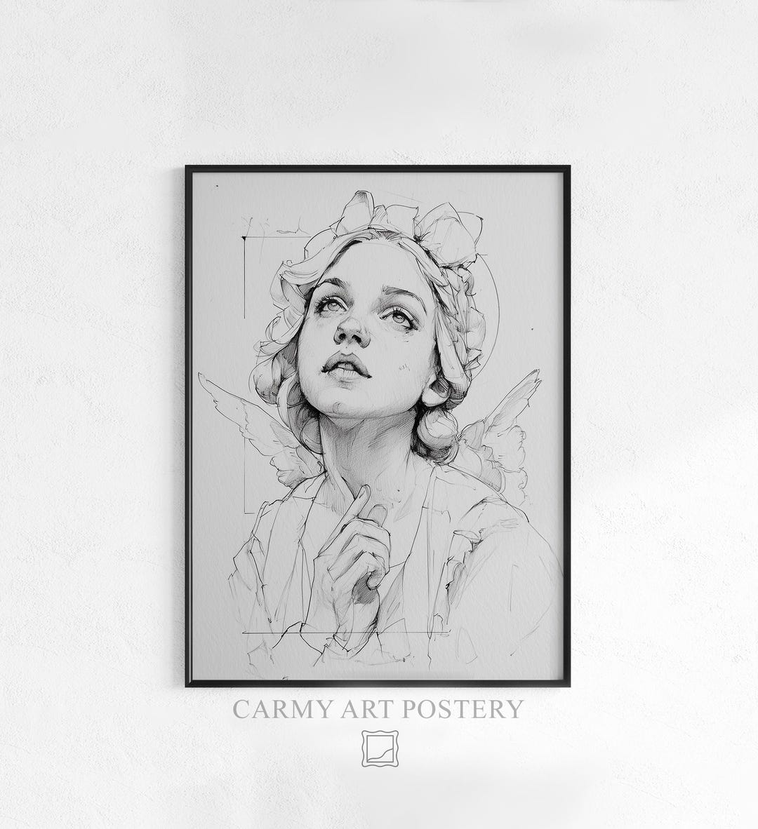 Vintage Angelic Portrait Print, Serene Monochrome Wall Art, Timeless ...