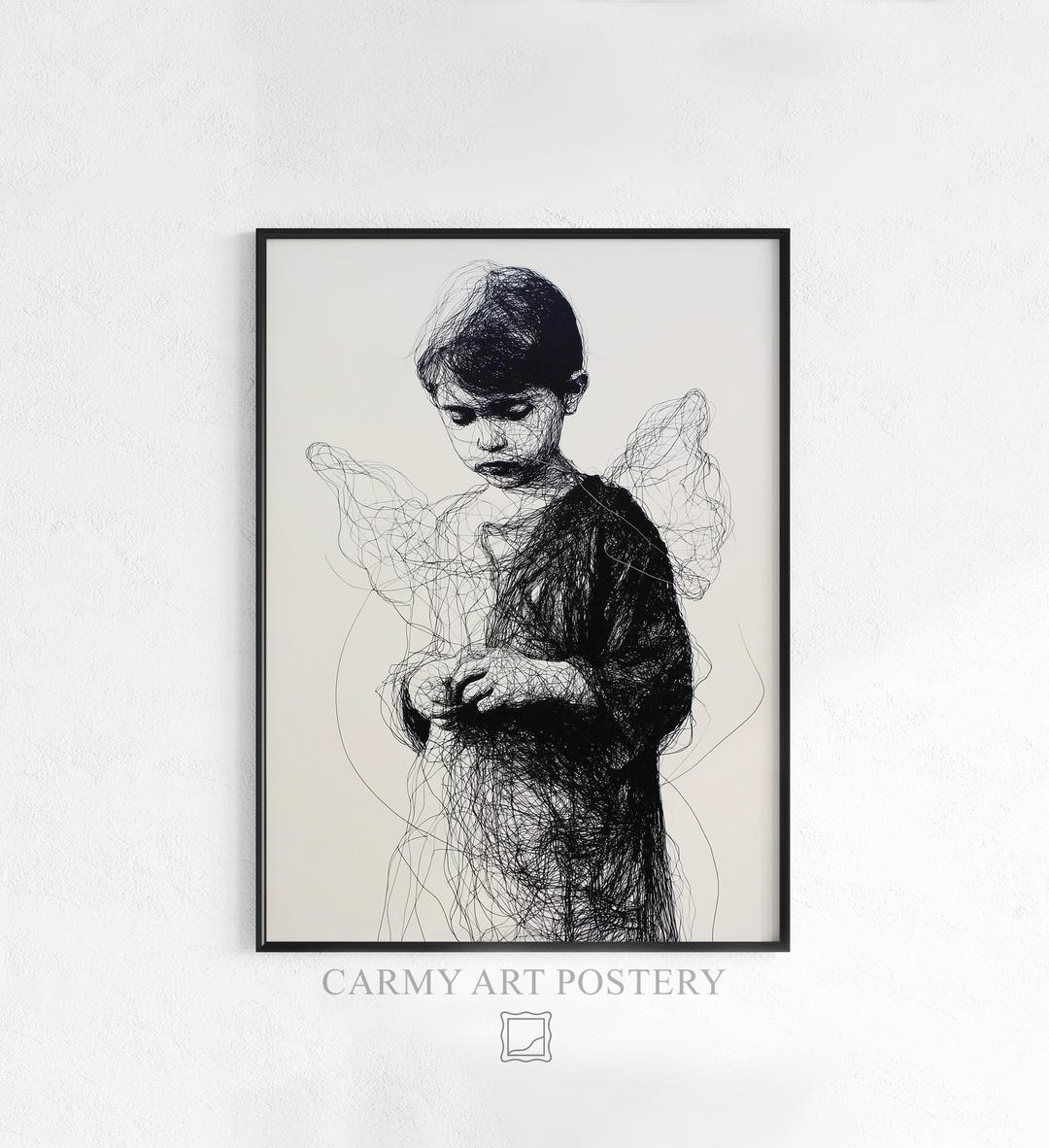 Moody Vintage Child Angel Portrait - Minimalist Sketch Art, Faint Wings ...