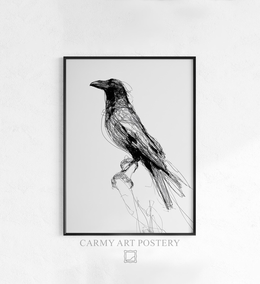 Moody Crow Art With Spooky Twist, Minimalist Modern Raven Drawing ...