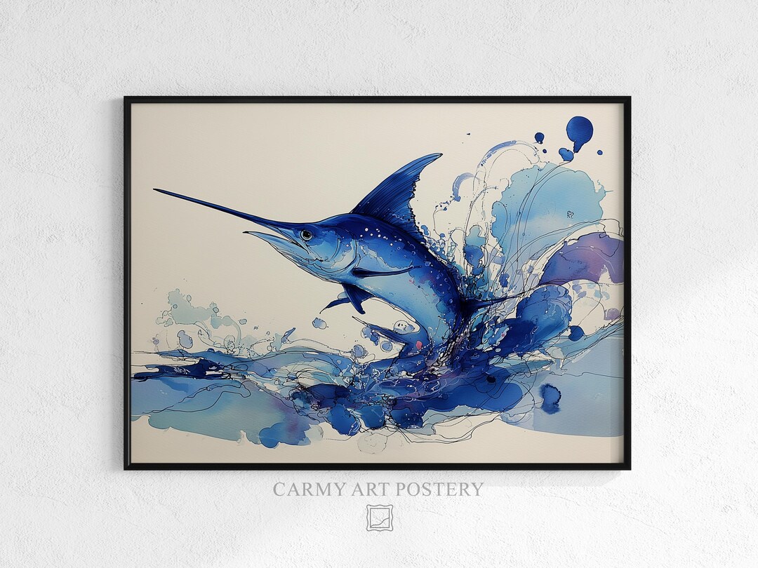 Swordfish Watercolor Painting - Dynamic Modern Nautical Decor, Leaping ...
