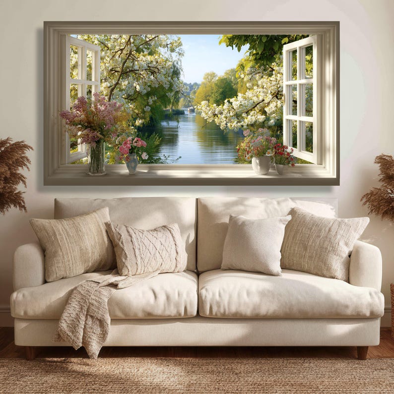 Spring River View Through Open Window Canvas, Floral Branches and ...