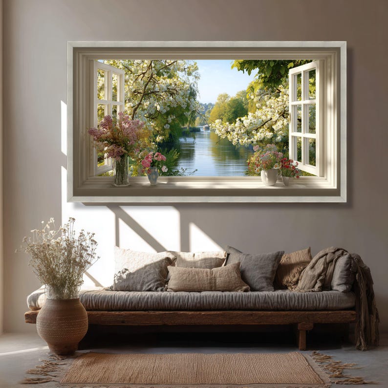 Spring River View Through Open Window Canvas, Floral Branches and ...