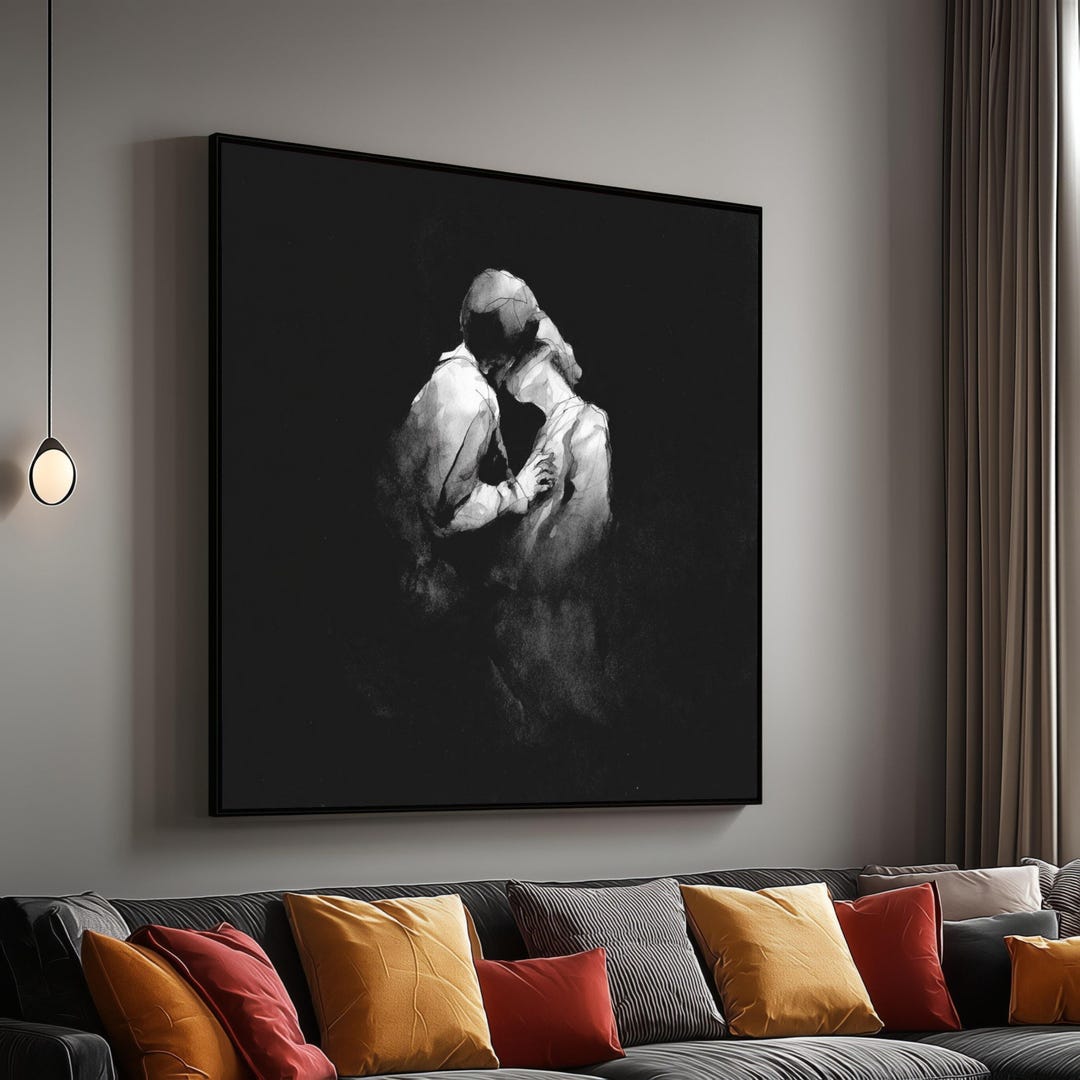 Romantic Embrace Canvas Wall Art, Black and White Couple Painting ...